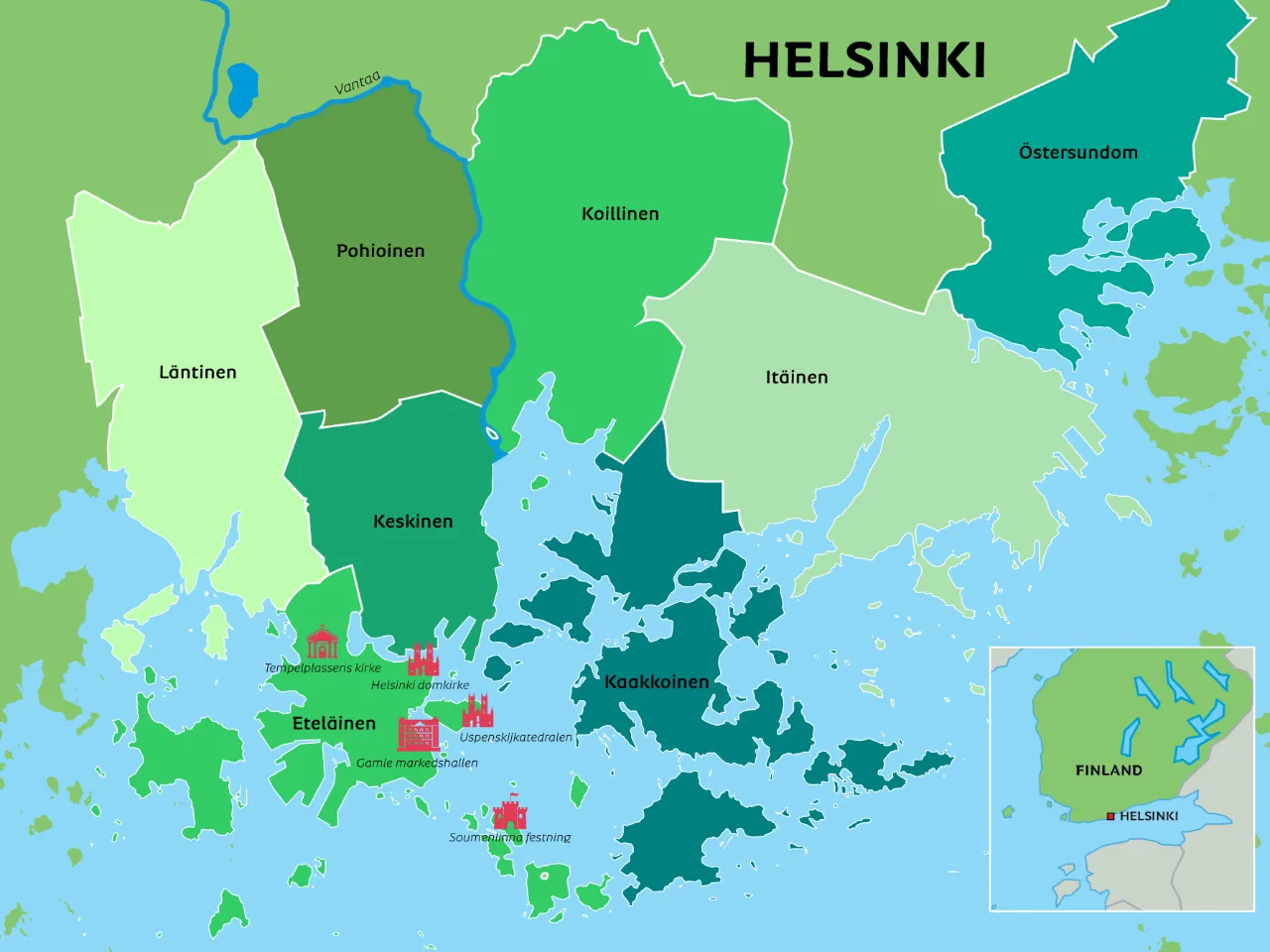 Kart over Helsingfors – Du kan se plasseringen til flere av byens ...